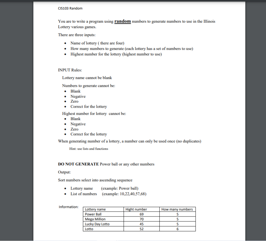 Solved (IN PYTHON) CIS103 Random You are to write a program | Chegg.com