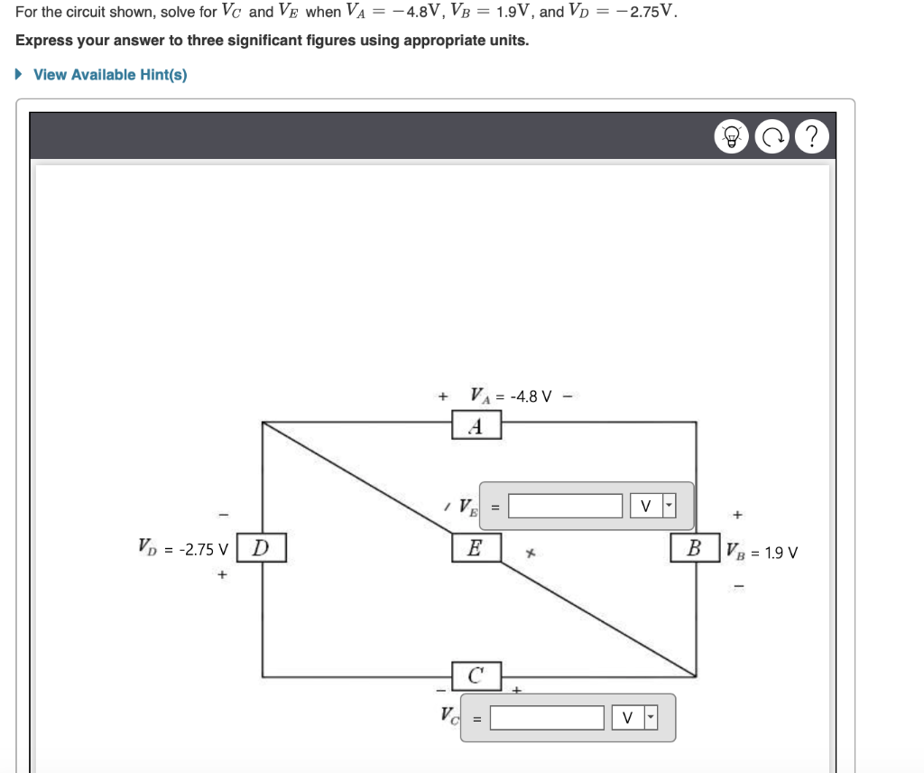 Solved For the circuit shown, solve for Vc and VE when VA = | Chegg.com