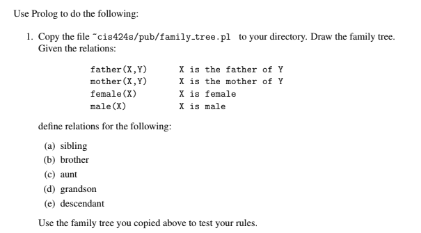 Use Prolog to do following: Daw family tree, given | Chegg.com