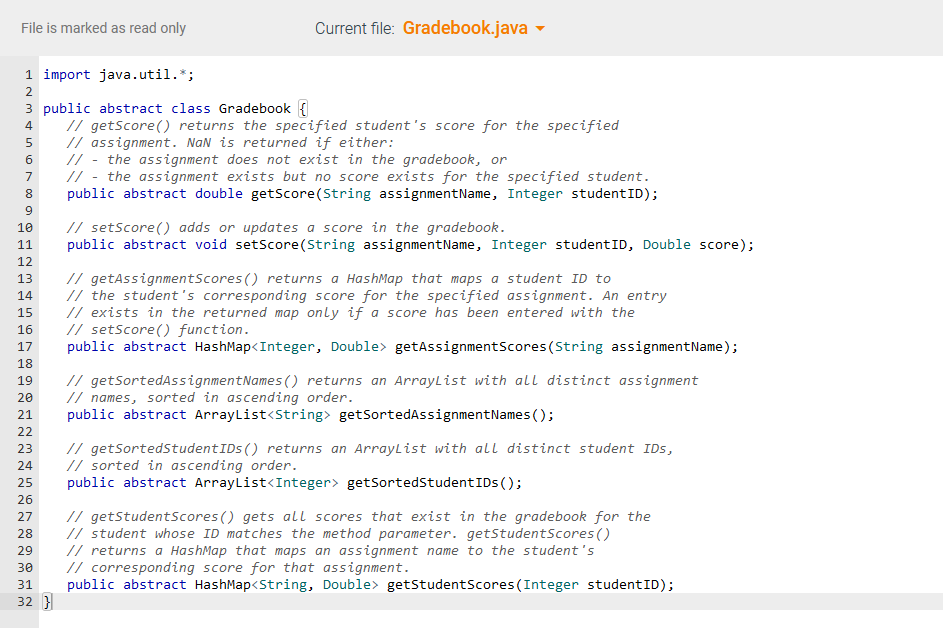 Solved Step 1: Inspect the Gradebook abstract base class The | Chegg.com