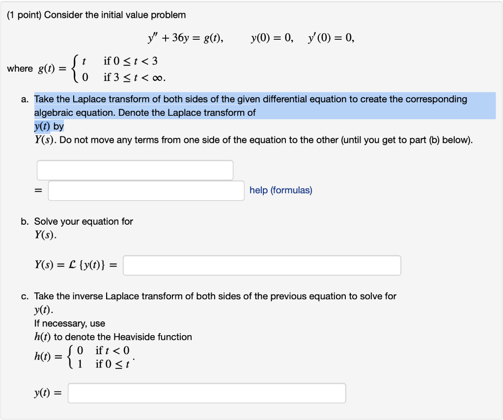 Solved (1 point) Consider the initial value problem y" + 36y | Chegg.com