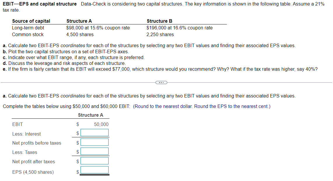 Solved Ebit Eps And Capital Structure Data Check Is Chegg