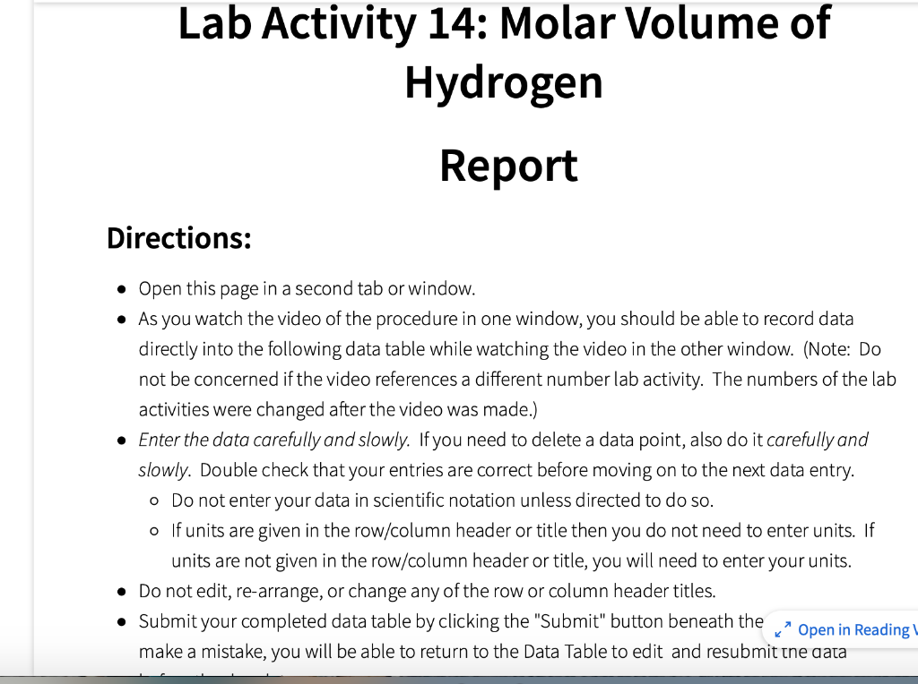 Solved Lab Activity 14: Molar Volume of Hydrogen Report | Chegg.com