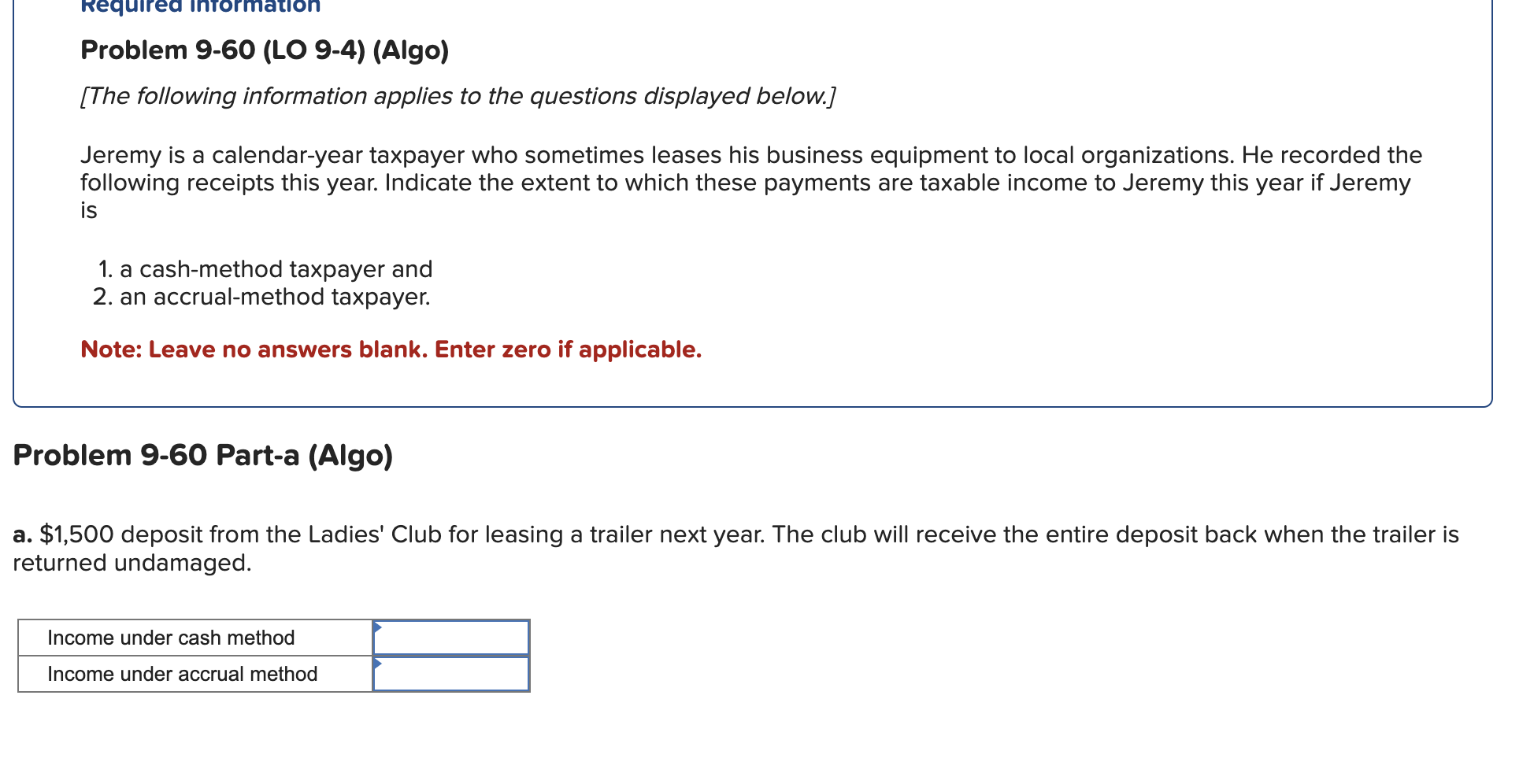 Solved Problem 9-60 (LO 9-4) (Algo) [The following | Chegg.com