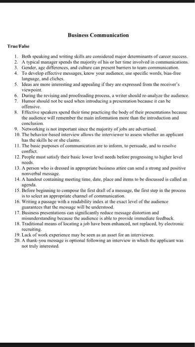 Business Communication True/False 1. Both speaking | Chegg.com