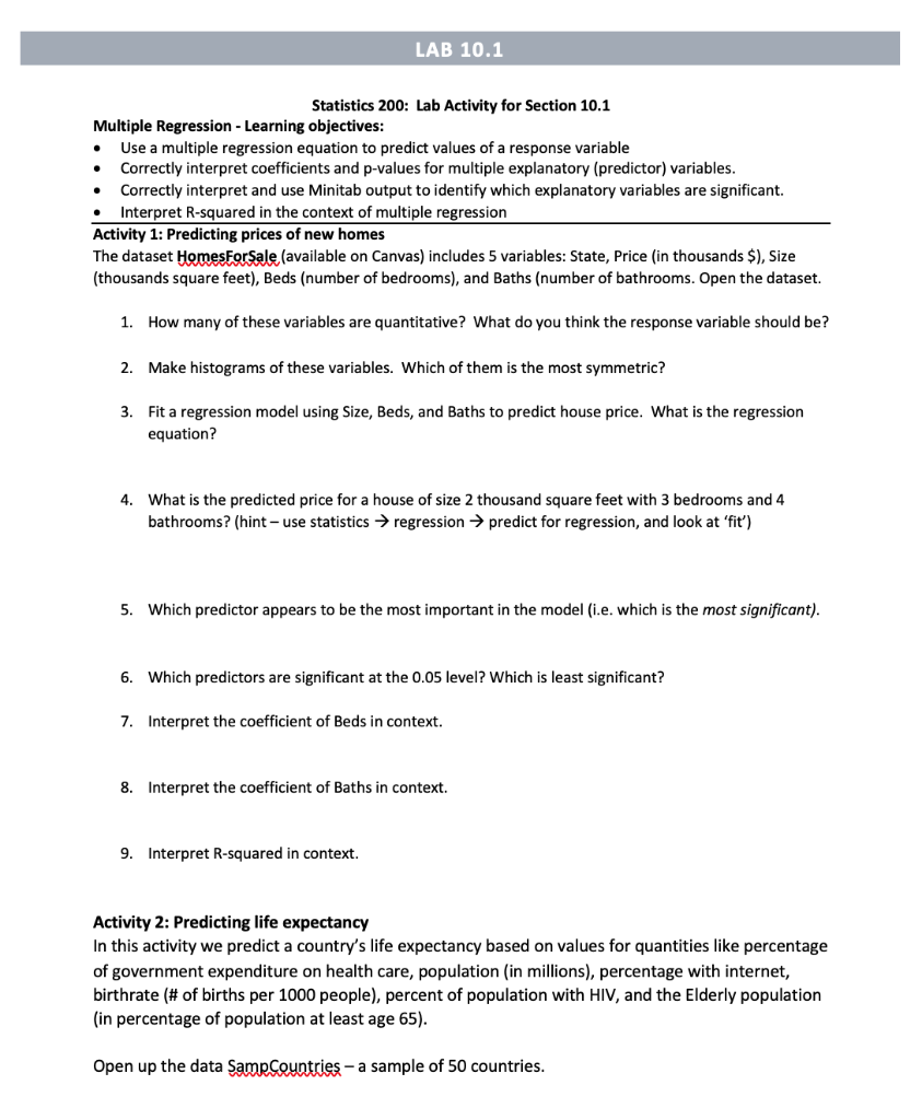 LAB 10.1 Statistics 200: Lab Activity for Section | Chegg.com