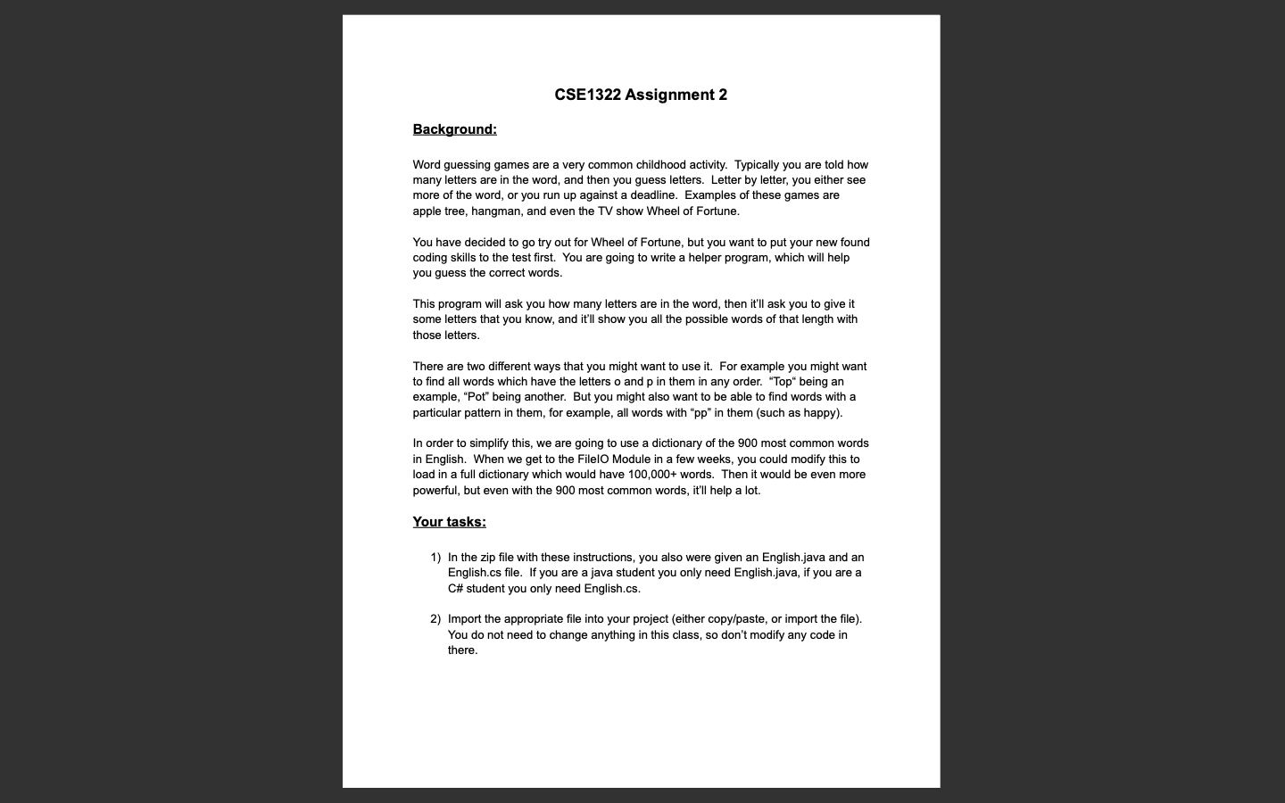 Solved CSE1322 Assignment 2 Background: Word guessing games | Chegg.com