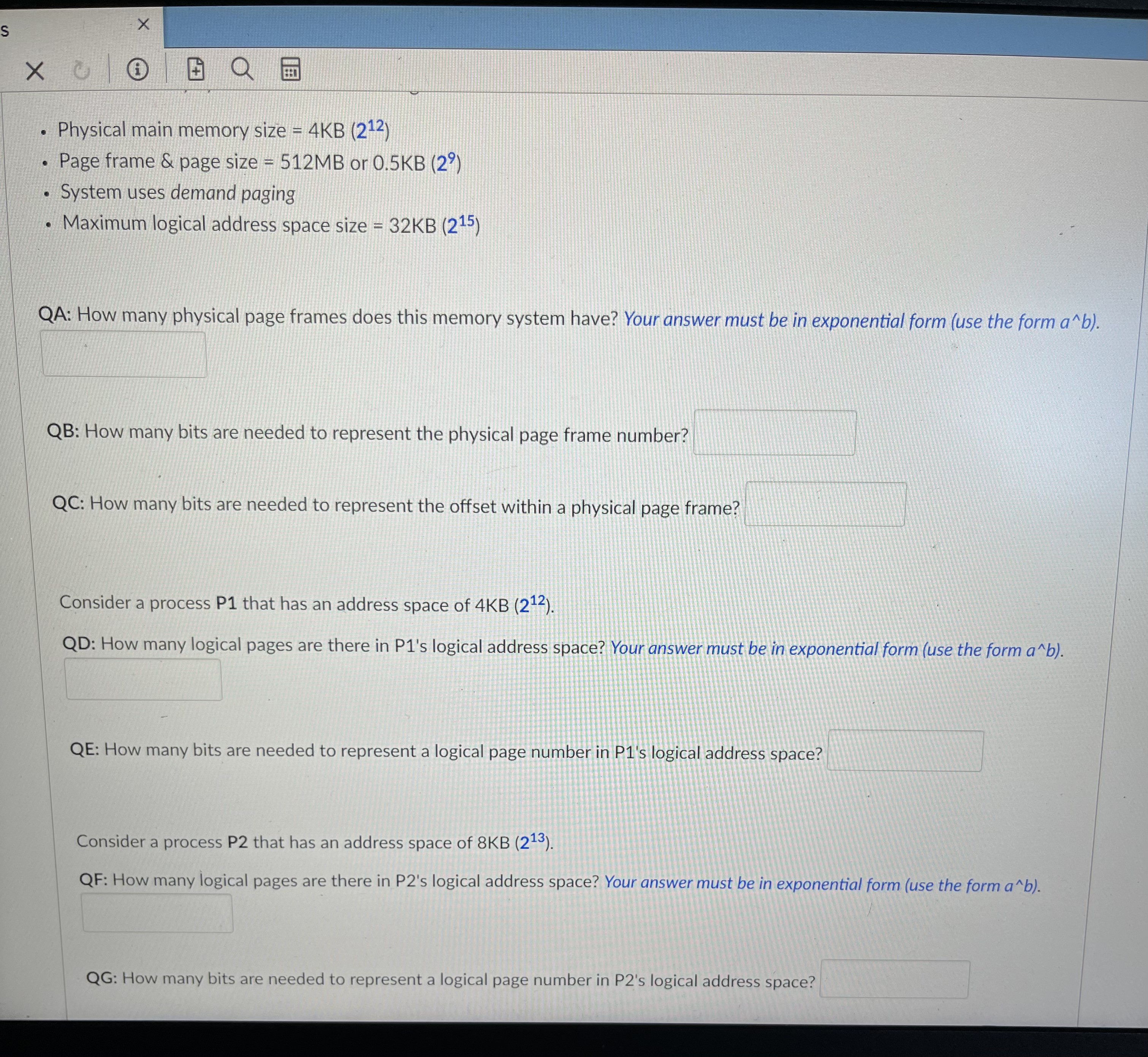 Solved - Physical main memory size =4KB(212) - Page frame \& | Chegg.com