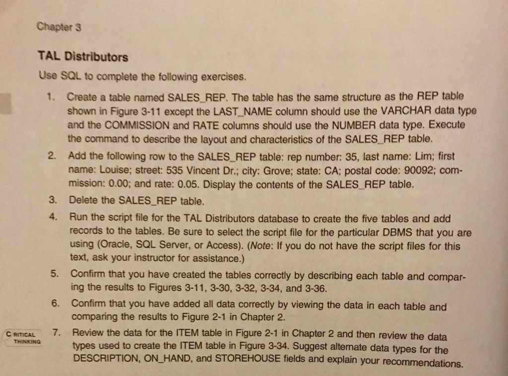 Chapter 3 TAL Distributors Use SQL to complete the | Chegg.com