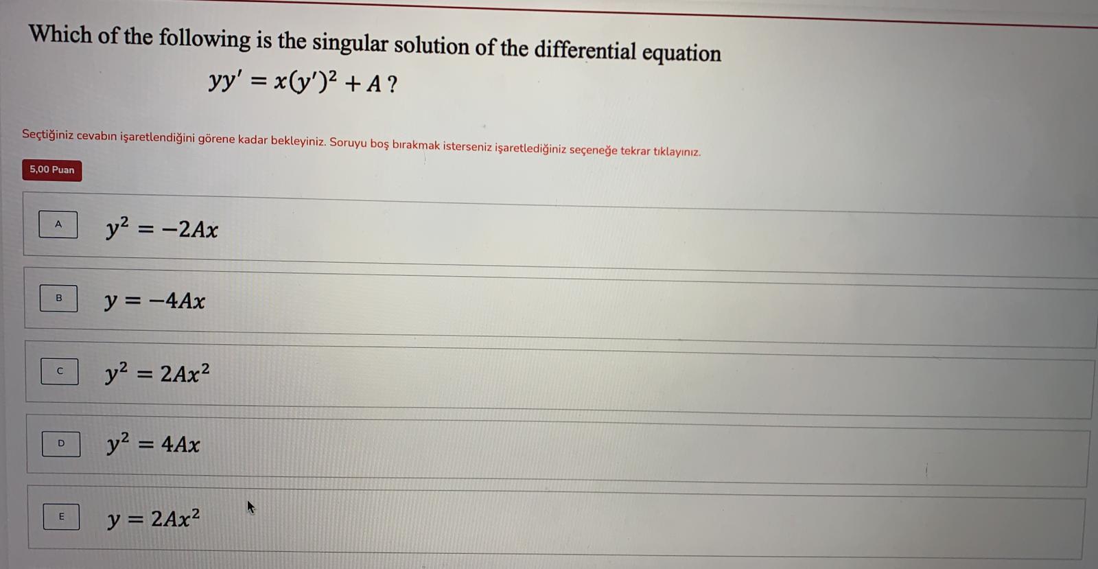 Solved Which of the following is the singular solution of | Chegg.com