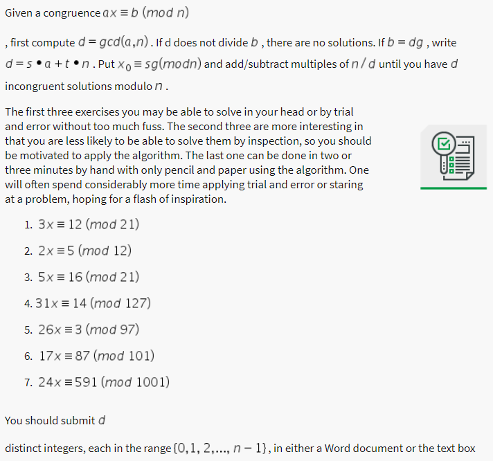 Solved Given a congruence ax b (mod n) ,first compute d | Chegg.com