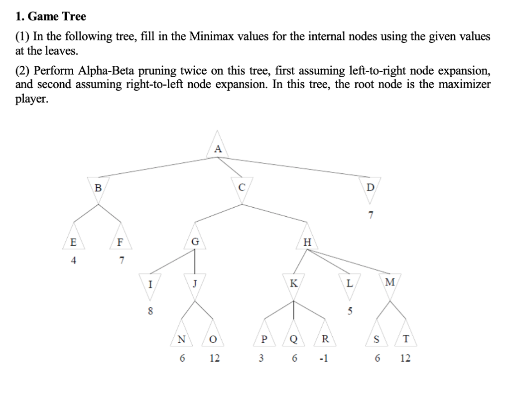 Solved 1 Game Tree 1 In The Following Tree Fill In The