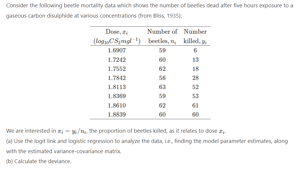 Solved Consider the following beetle mortality data which | Chegg.com
