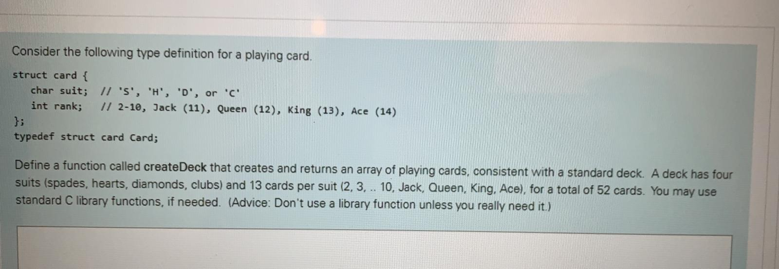 Solved Consider the following type definition for a playing | Chegg.com