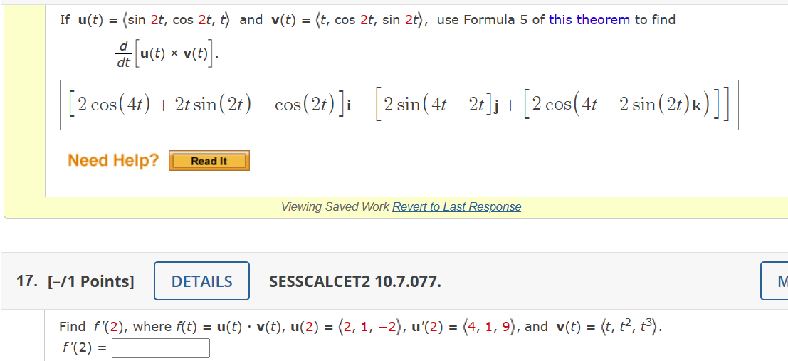 Solved If u(t)= sin2t,cos2t,t and v(t)= t,cos2t,sin2t , use | Chegg.com