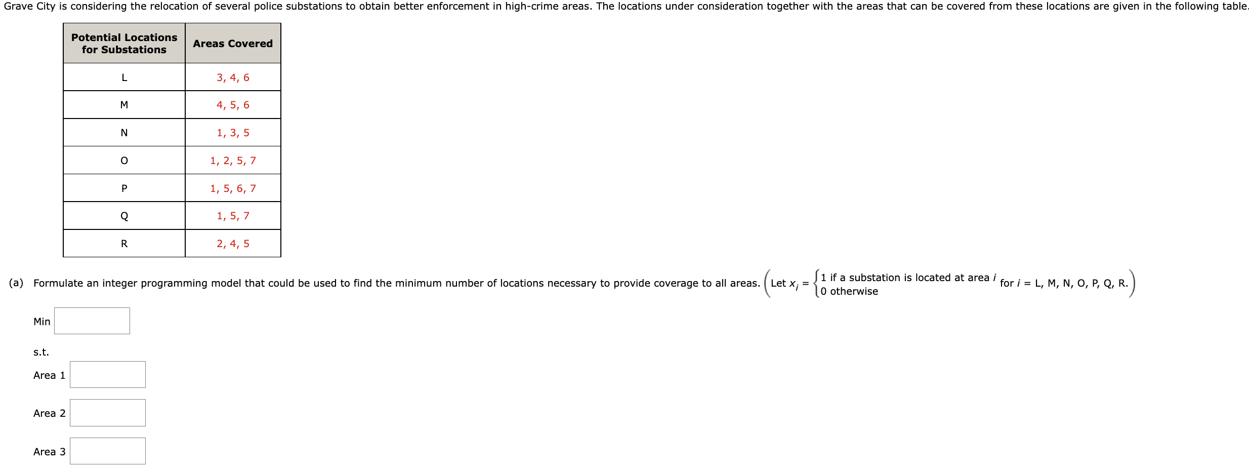 Min s.t. Area 1 Area 2 Area 3(b) Solve the problem in | Chegg.com