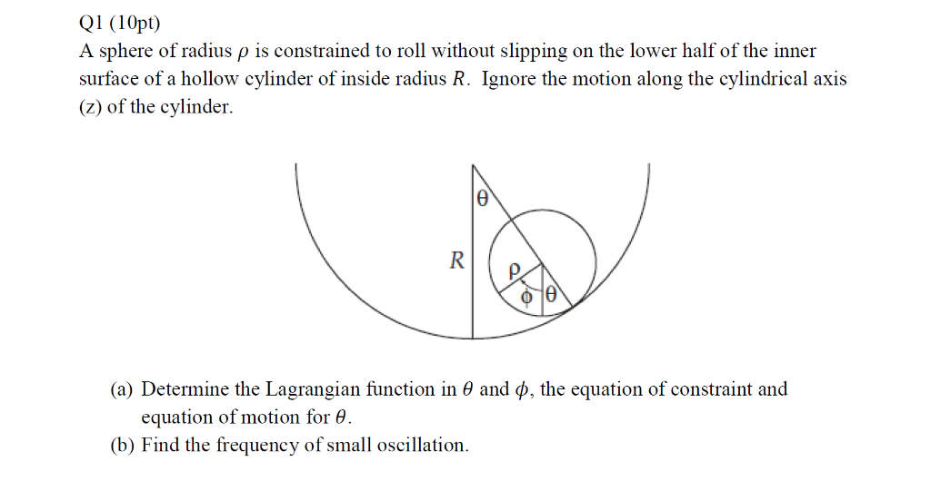 Solved Ql (10pt) A sphere of radius ρ is constrained to roll | Chegg.com