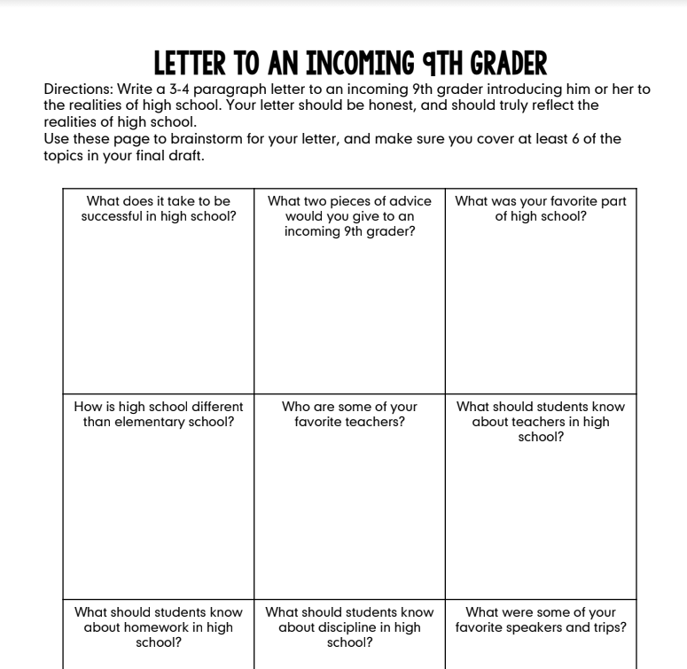 LETTER TO AN INCOMING 9TH GRADER Directions: Write a | Chegg.com