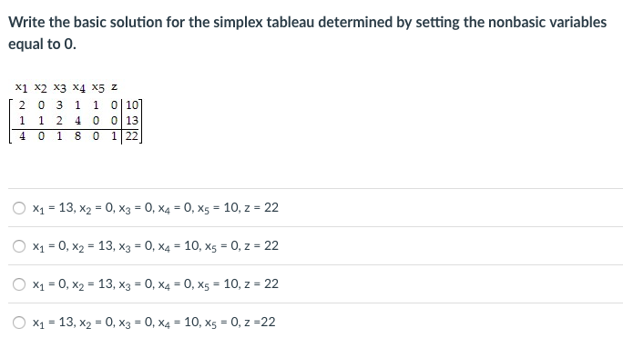 Write the basic solution for the simplex tableau | Chegg.com