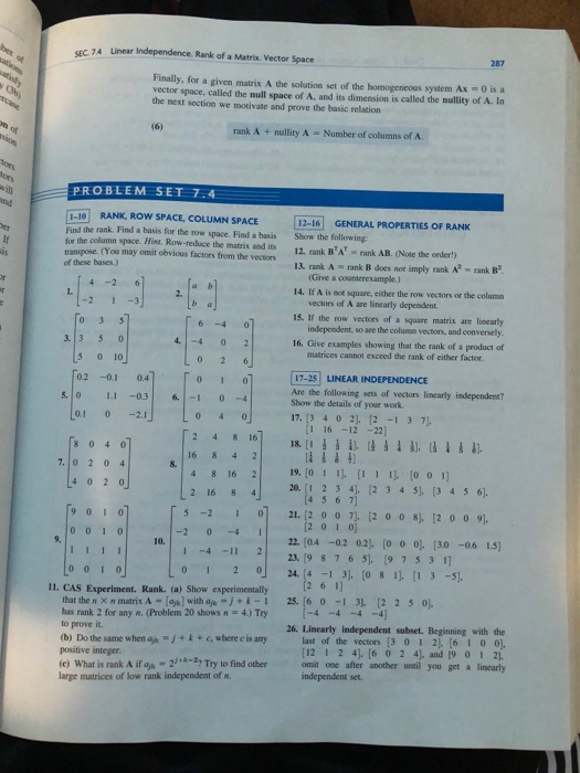 Solved SEC 74 Linear Independence. Rank of a Matrix. Vector | Chegg.com