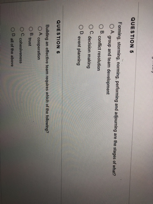Solved QUESTION 5 Forming, storming, norming, performing and | Chegg.com