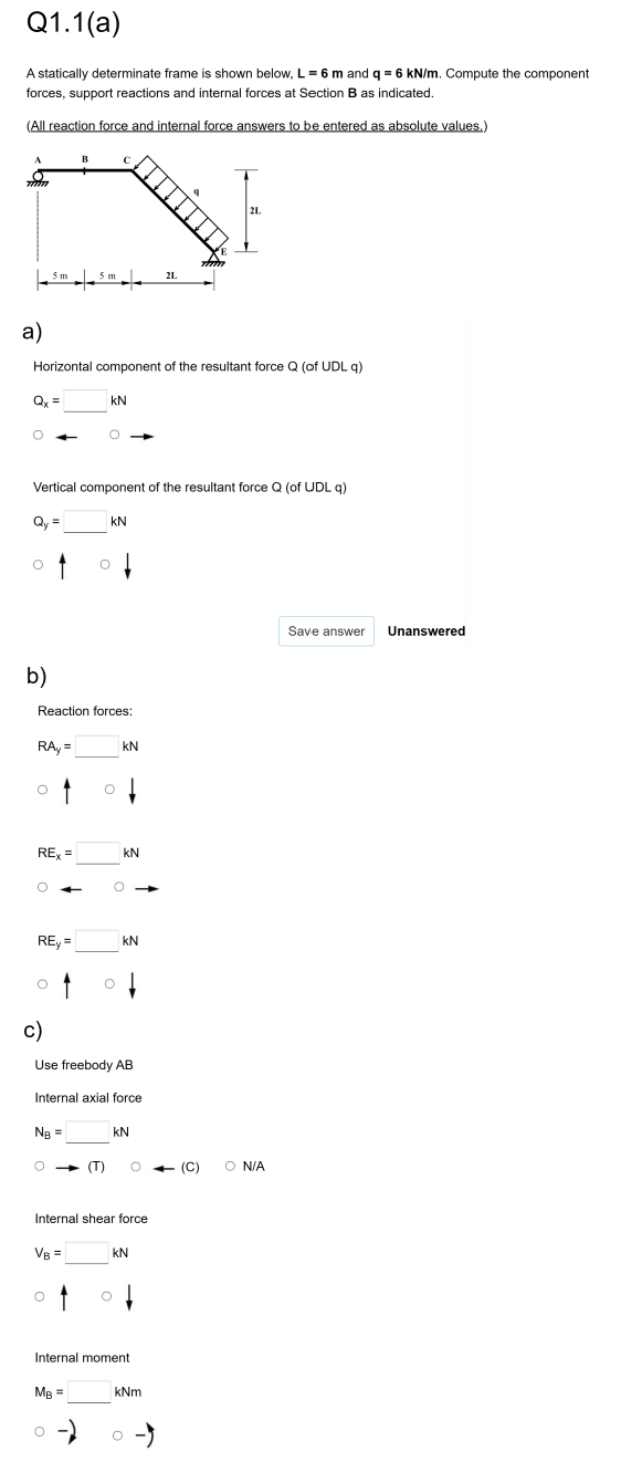 Solved Q1.1(a)A statically determinate frame is ﻿shown | Chegg.com