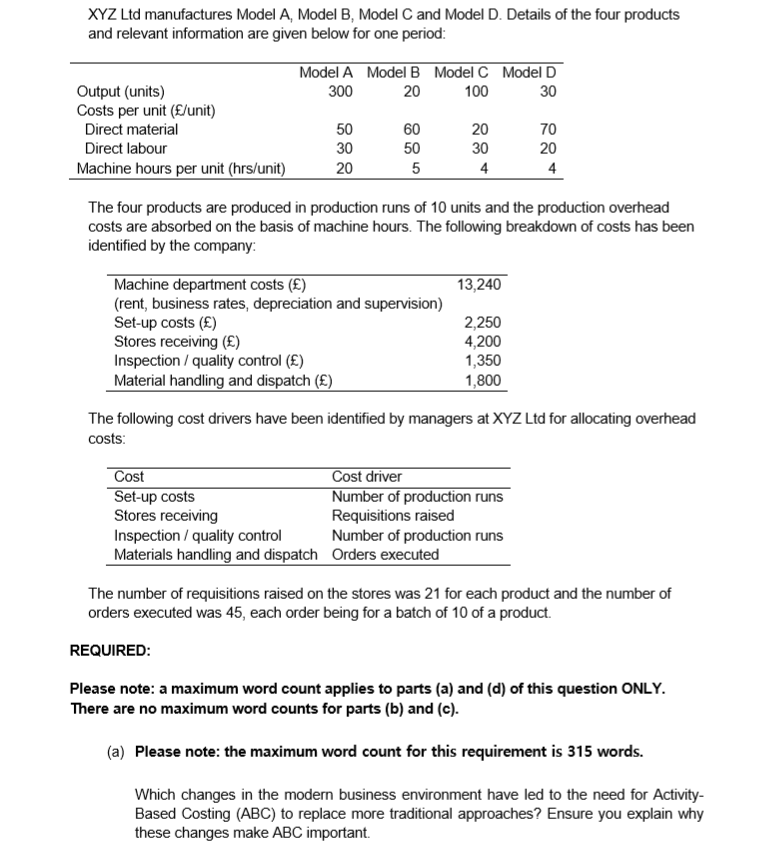 Solved XYZ Ltd manufactures Model A, Model B, Model C and | Chegg.com