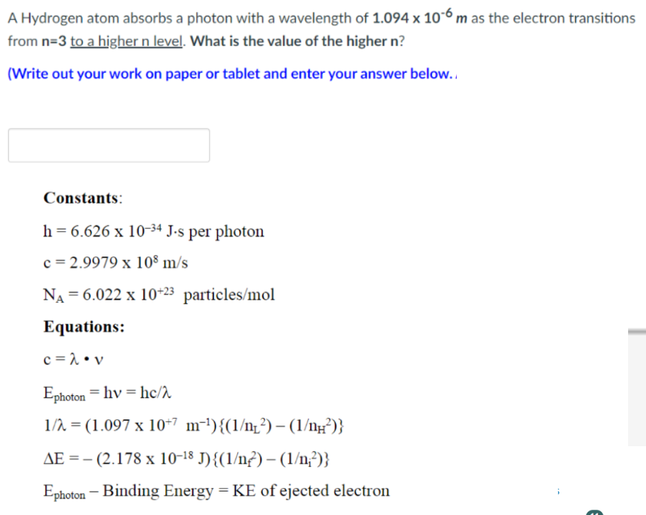 Solved A Hydrogen Atom Absorbs A Photon With A Wavelength Of