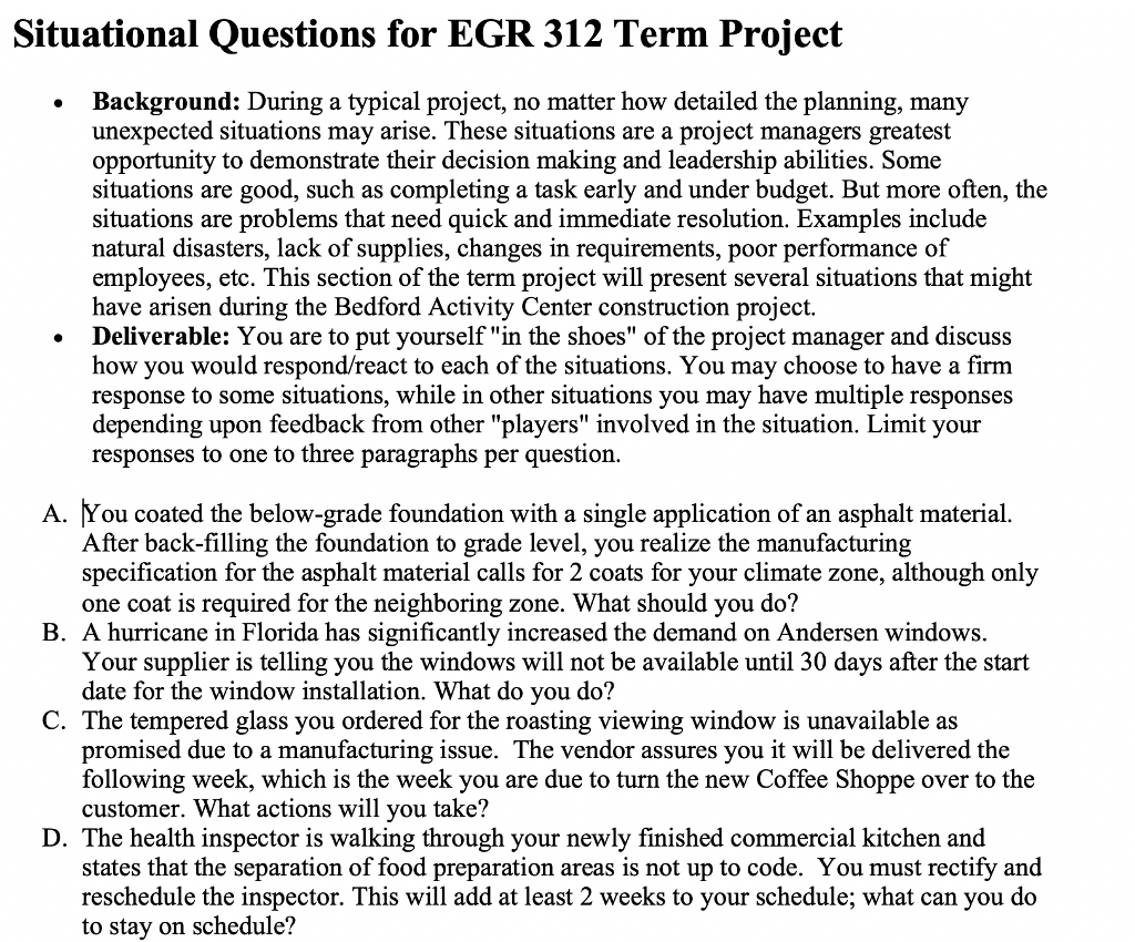 Situational Questions for EGR 312 Term Project | Chegg.com