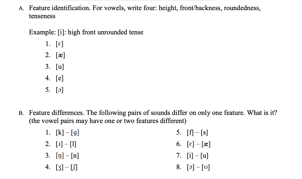 A. Feature identification. For vowels, write four: | Chegg.com
