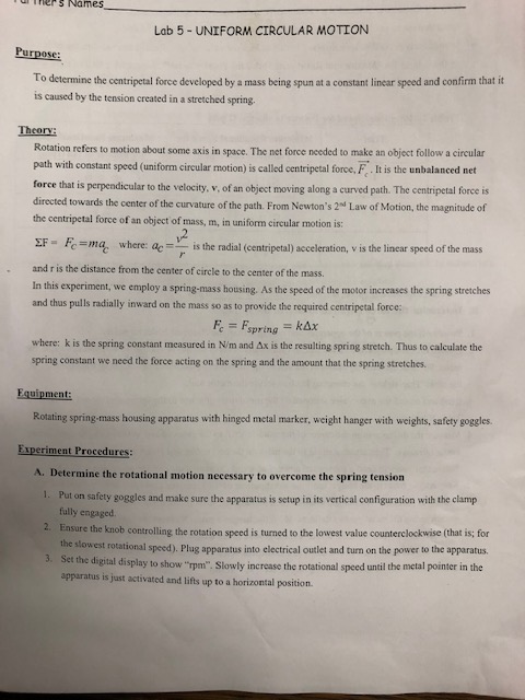 l Ther's Names Lab 5- UNIFORM CIRCULAR MOTION | Chegg.com