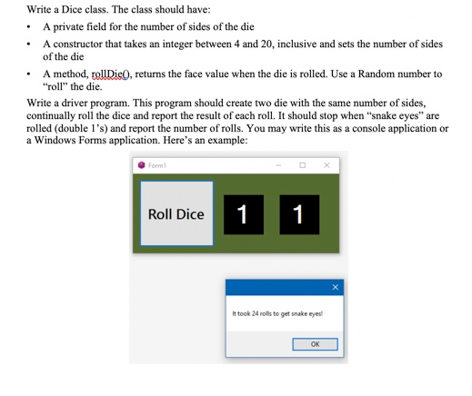 Solved Write a Dice class. The class should have: A private | Chegg.com