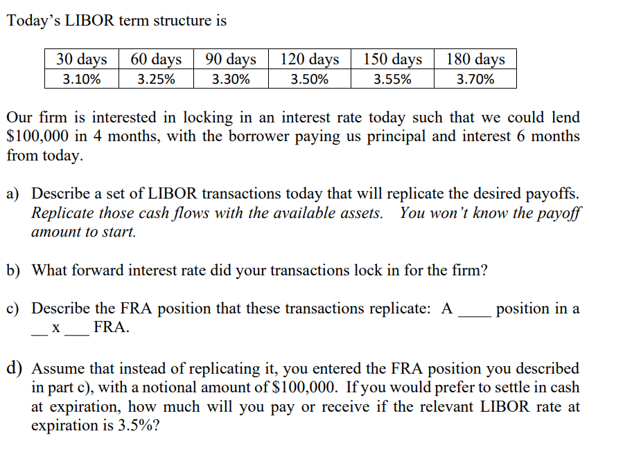 Today's LIBOR term structure is 60 days 3.25% 30 days | Chegg.com