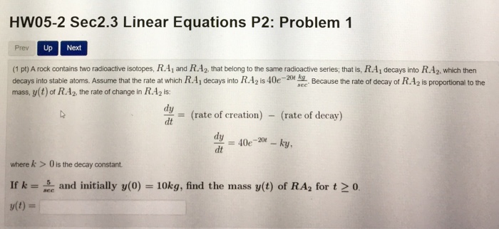 Solved HW05-2 Sec2.3 Linear Equations P2: Problem 1 Prev Up | Chegg.com