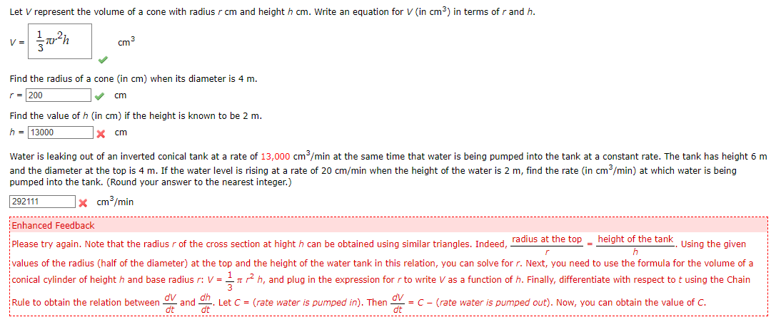 Solved Let V represent the volume of a cone with radius r cm | Chegg.com