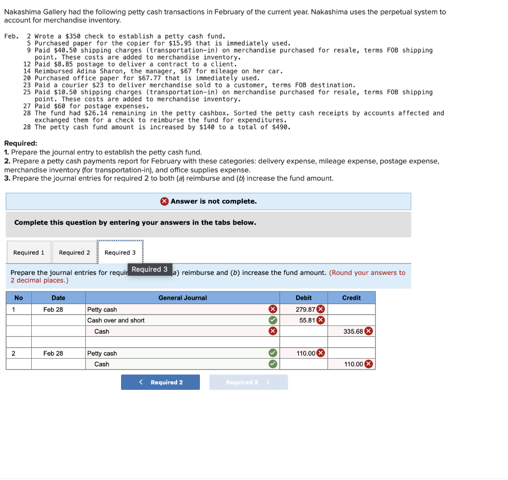 Solved Nakashima Gallery had the following petty cash | Chegg.com