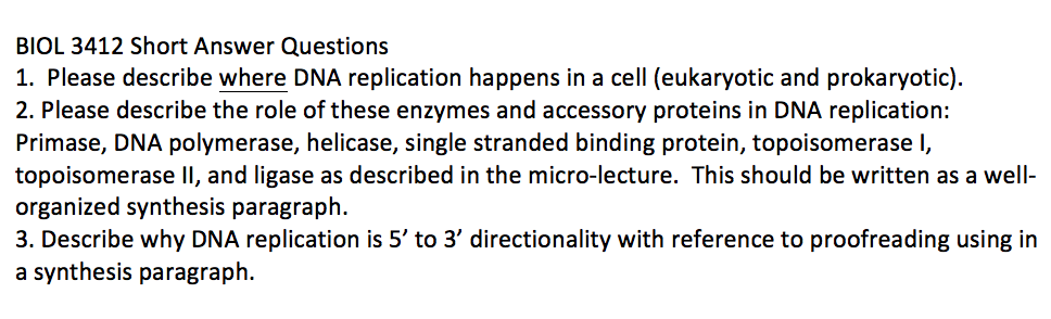 Solved BIOL 3412 Short Answer Questions 1. Please describe | Chegg.com