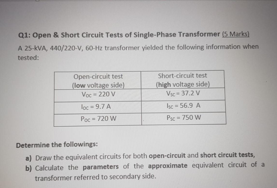 Solved Q1: Open & Short Circuit Tests of Single-Phase | Chegg.com