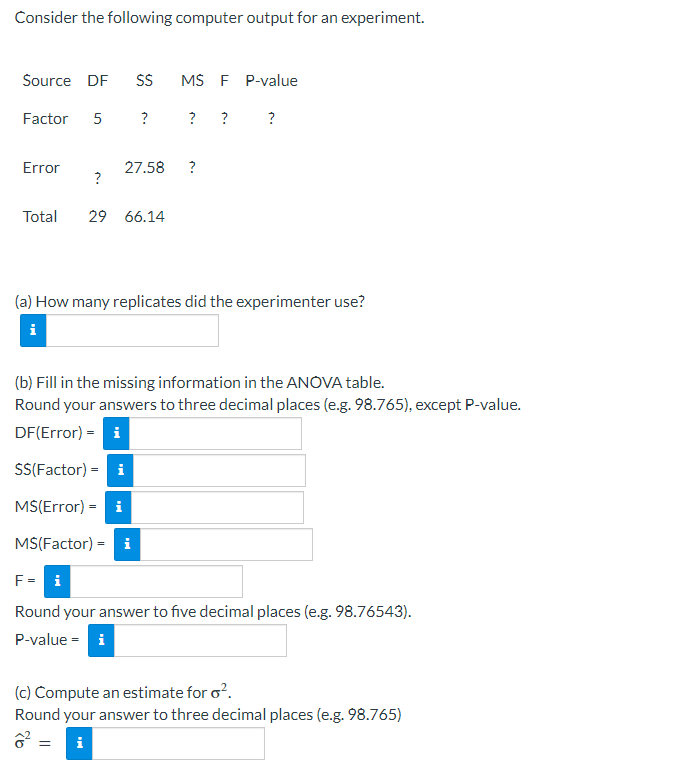 Solved Consider the following computer output for an | Chegg.com