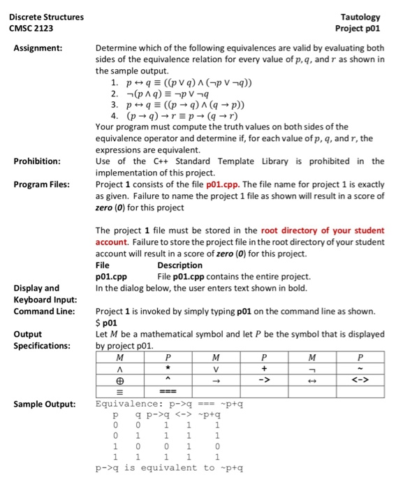 Solved Discrete Structures Cmsc 2123 Tautology Project P01