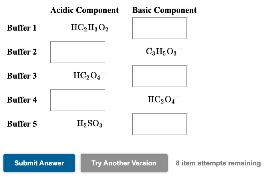 Solved Acidic Component Basic Component Buffer 1 HC2H3O2 | Chegg.com