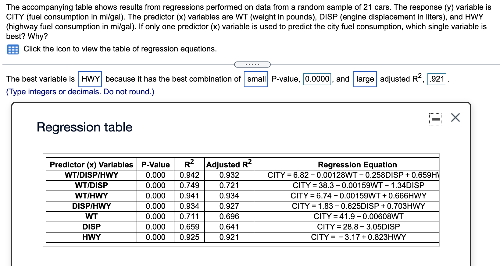 Solved ression Regression table Predictor (x) Variables | Chegg.com