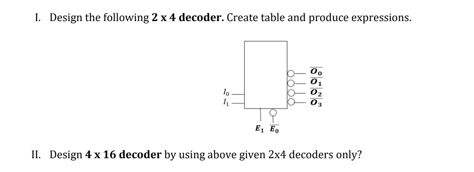 Solved I. Design the following 2 x 4 decoder. Create table | Chegg.com