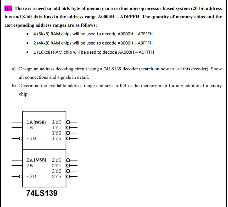 Solved Q4. ﻿There is a need to add 56K ﻿byte of memory to a | Chegg.com