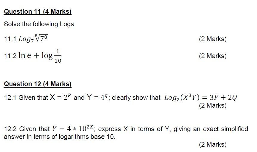 Solved Solve the following Logs 11.1log7978 11.2lne+log1011 | Chegg.com