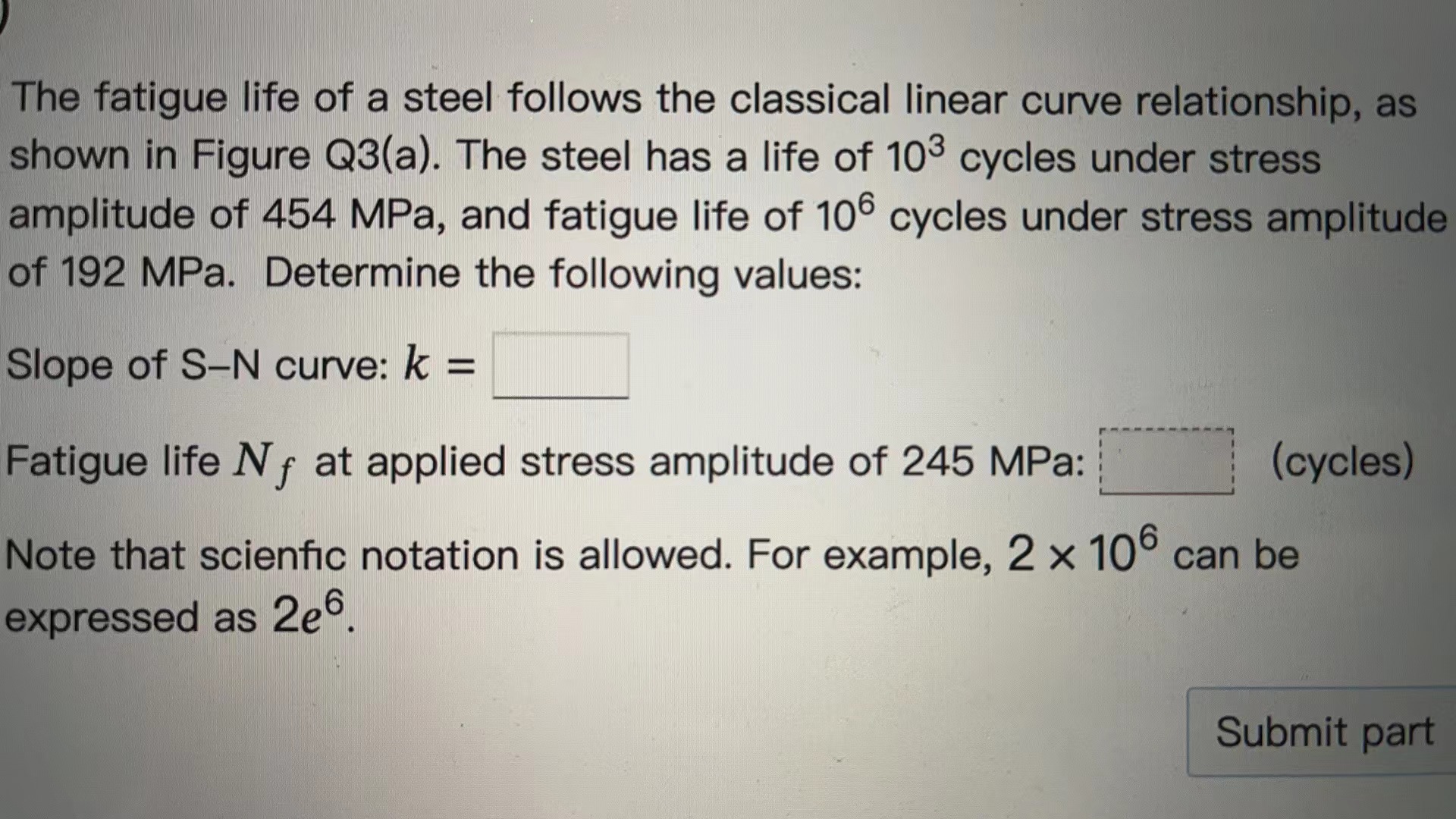Solved The fatigue life of a steel follows the classical | Chegg.com