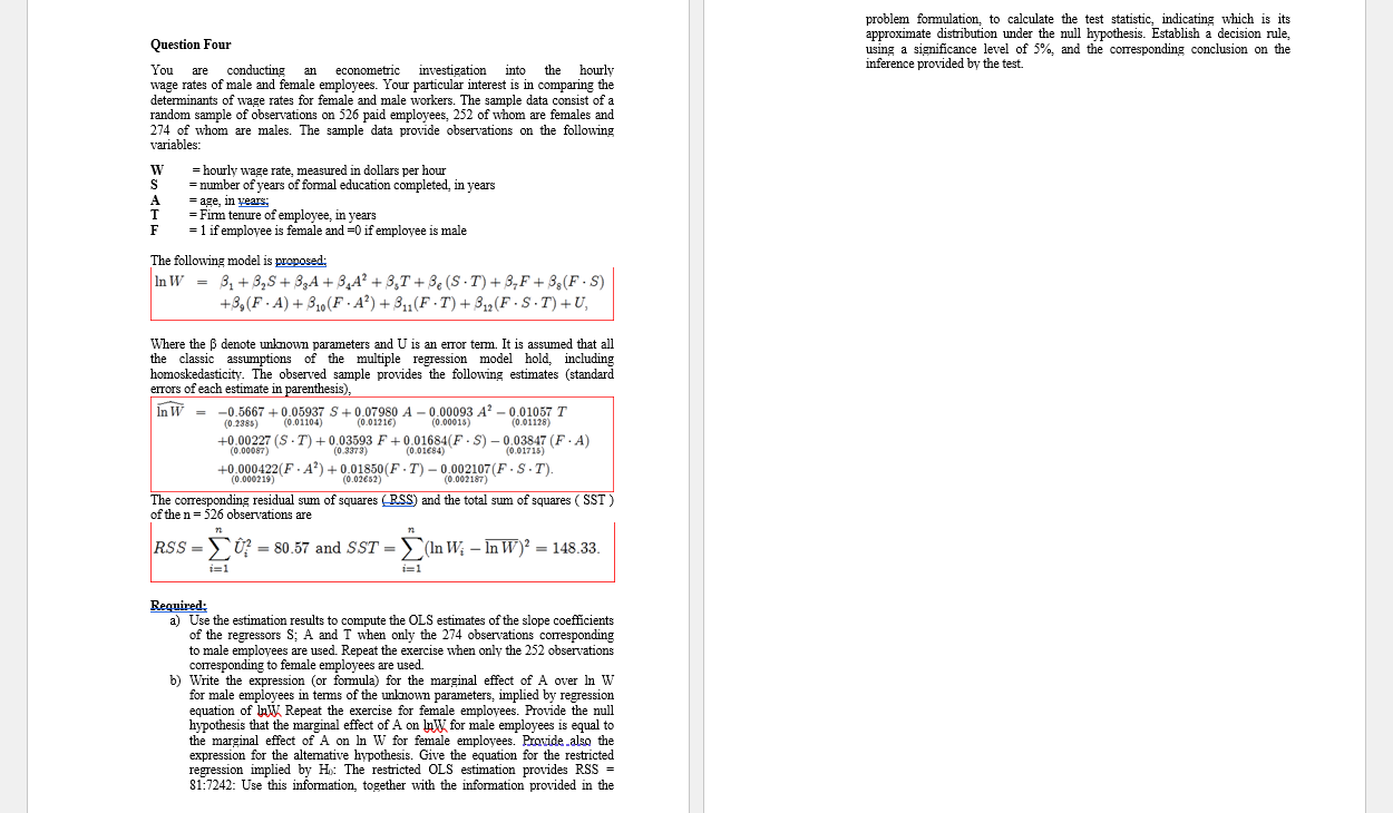 Solved Question Four You are conducting an econometric | Chegg.com