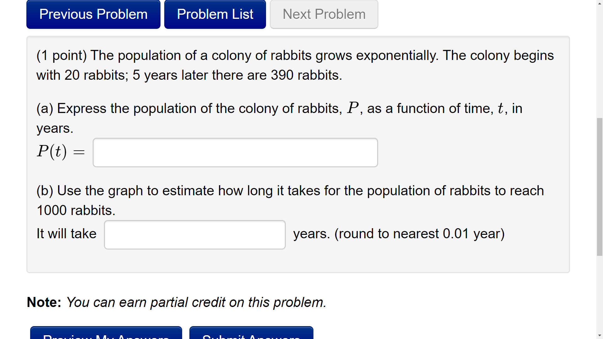 Solved (1 ﻿point) ﻿The population of a colony of rabbits | Chegg.com
