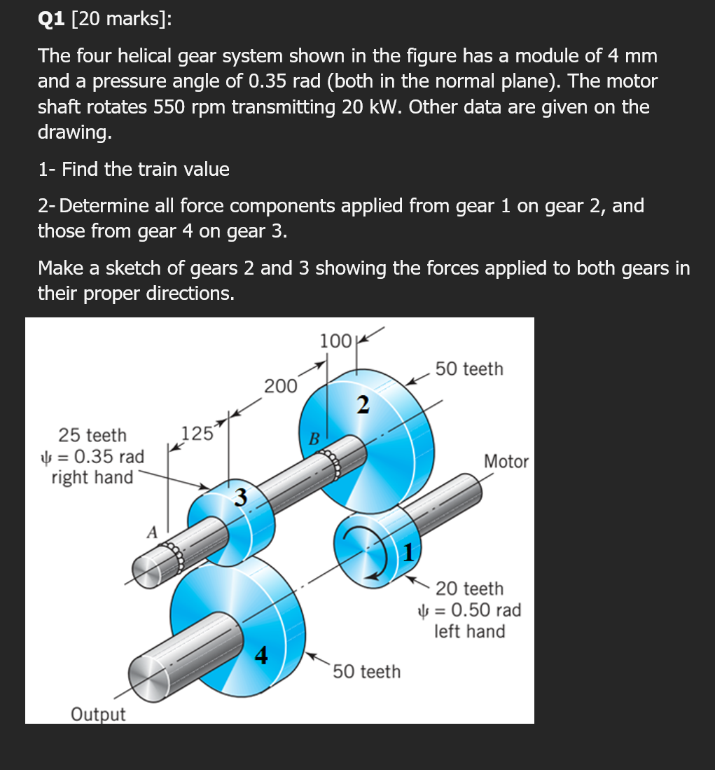Solved Q1 [20 marks]: The four helical gear system shown in | Chegg.com