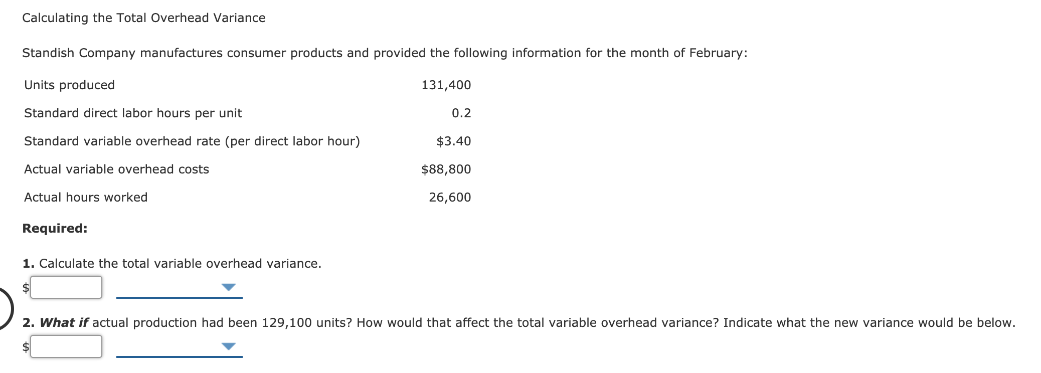Solved Calculating the Total Overhead Variance Standish | Chegg.com